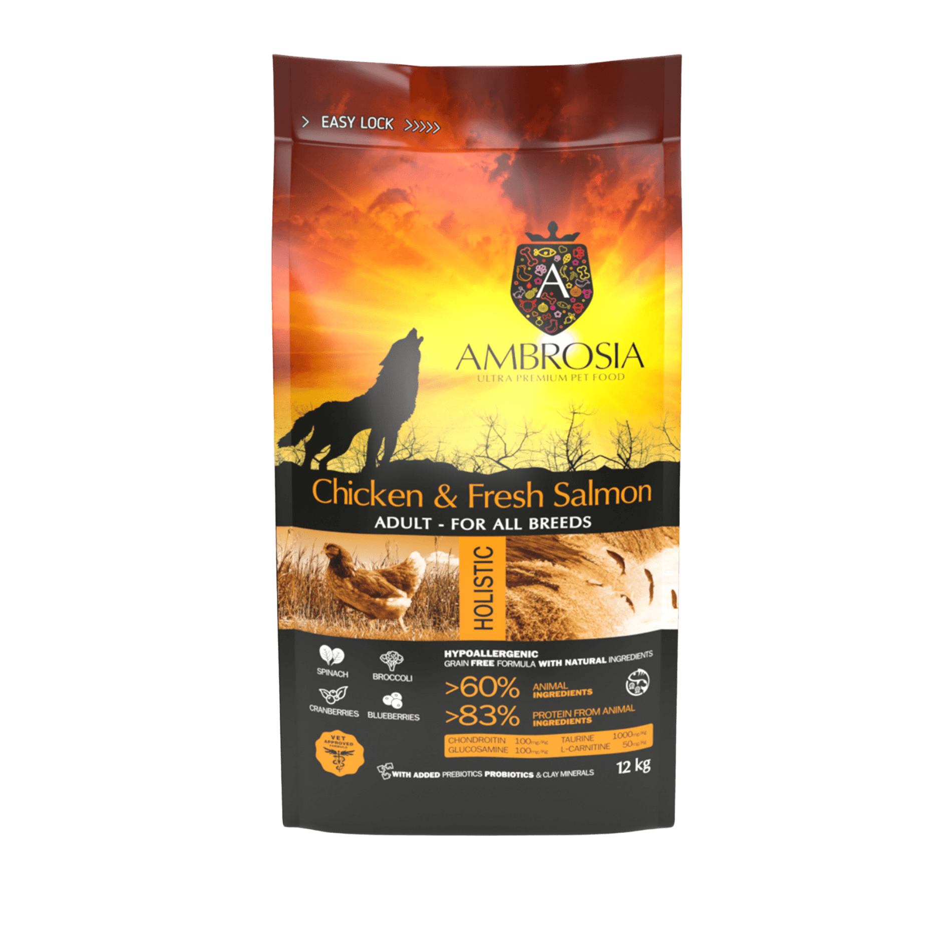 Ambrosia Nourriture sèche chien, Poulet et saumon frais, Sans grains ...